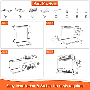 2 Packs Under Sink Organizer, 2 Tier Under Sink Organizers and Storage,Slide Out Pull Out Kitchen Cabinet Organizer,Sliding Drawer Metal Height Adjustable Shelf for Bathroom Organization Rack