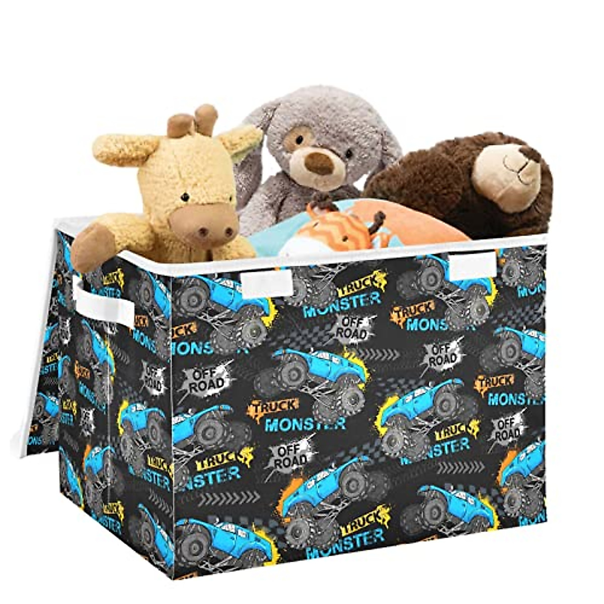 DOMIKING Monster Truck Tires Toy Storage Trunk with Lid Collapsible Storage Box Organizer with Handles for Bedroom Living Room Kid's Room