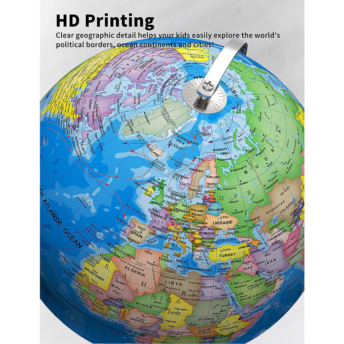 Waldauge Illuminated World Globe with Stand, 13" Earth Globes with Stable Heavy Metal Base for Kids Classroom Learning, LED Constellation Globe Night Light with HD Printed Map