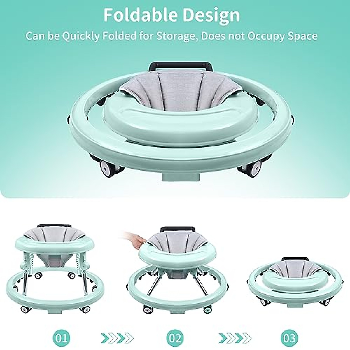 Baby Walker with Wheels, Activity Center with Mute Wheels Anti-Rollover, 5-Position Height Adjustable Foldable Baby Walker for Boys and Girls from 6-18 Months with Footrest