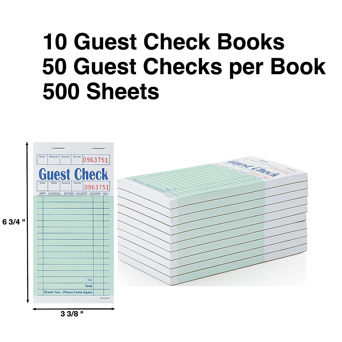 BERYLAND Server Note Pads - Guest Checks - Waitress Notepad, Double Sided, Pack of 10 Pads of 50 Sheets