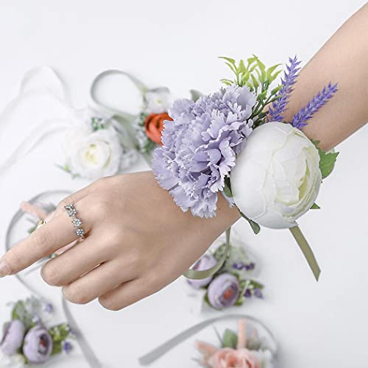 Campsis Set of 2 Wedding Bride Rose Flower Wrist Corsage White Handmade Leave Hand Flower Bride Bridal Bridesmaid Wristlet for Engagement Prom Party Beach Photography