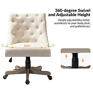 Modern Tufted Armless Home Office Chair, Comfy Upholstered Desk Chair with Vintage Wood Base, Height Adjustable Swivel Computer Task Chair for Living Room Bedroom, Beige