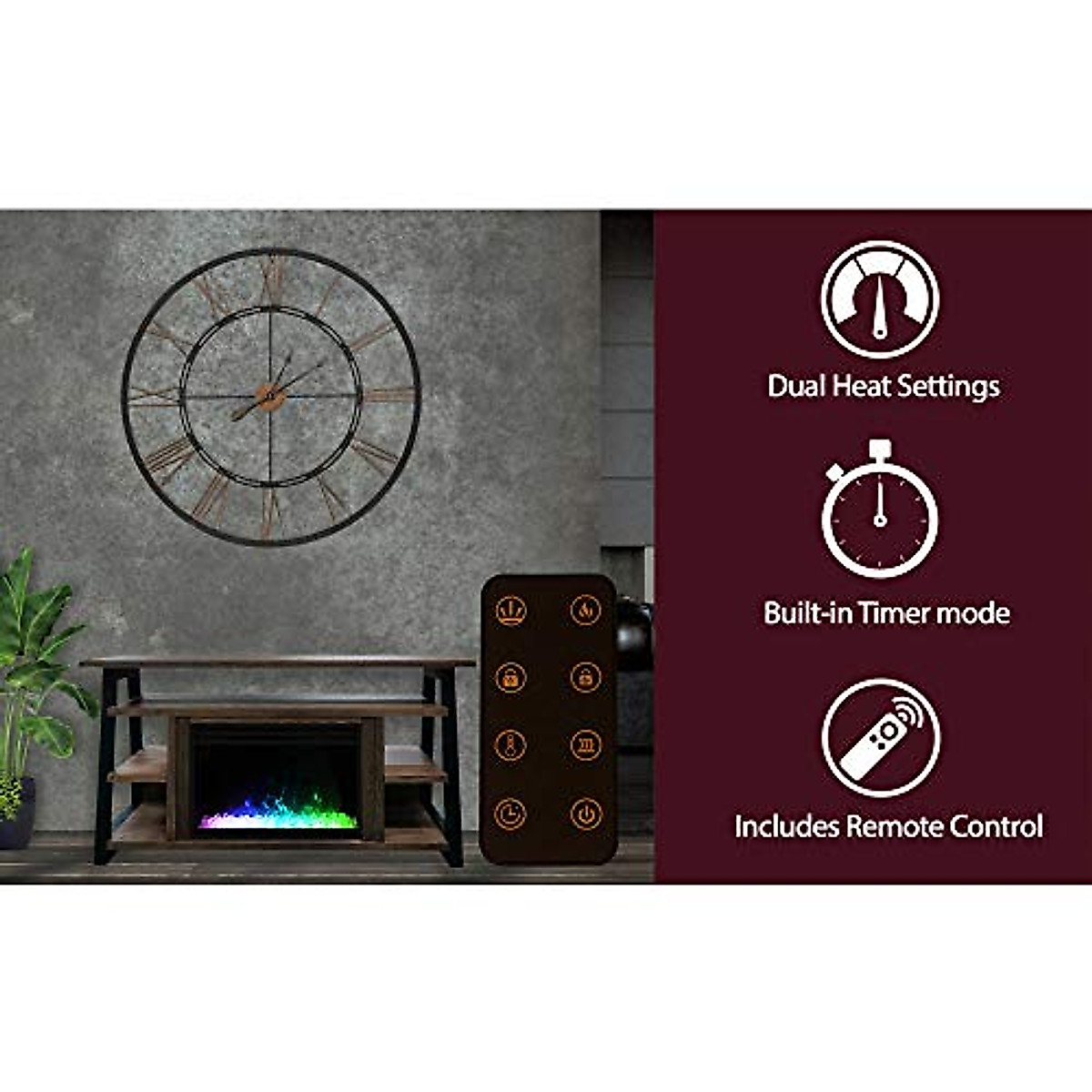 Cambridge Sawyer 53 Inch Freestanding Fireplace Mantel TV Stand with Storage Shelves and 1500 Watt Electric Heater Insert with Crystal Display, Multicolor Flames, Remote Control in Walnut/Black