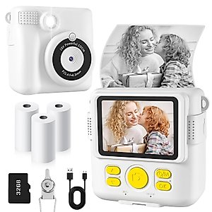 Instant Print Camera for Kids with 3 Rolls of Printer Paper, 1080P Toddler Digital Camera Toys for Age 3-12 with 32GB SD Card, Christmas & Birthday Gifts for 3 4 5 6 7 8 Year Old Girls & Boys (White)