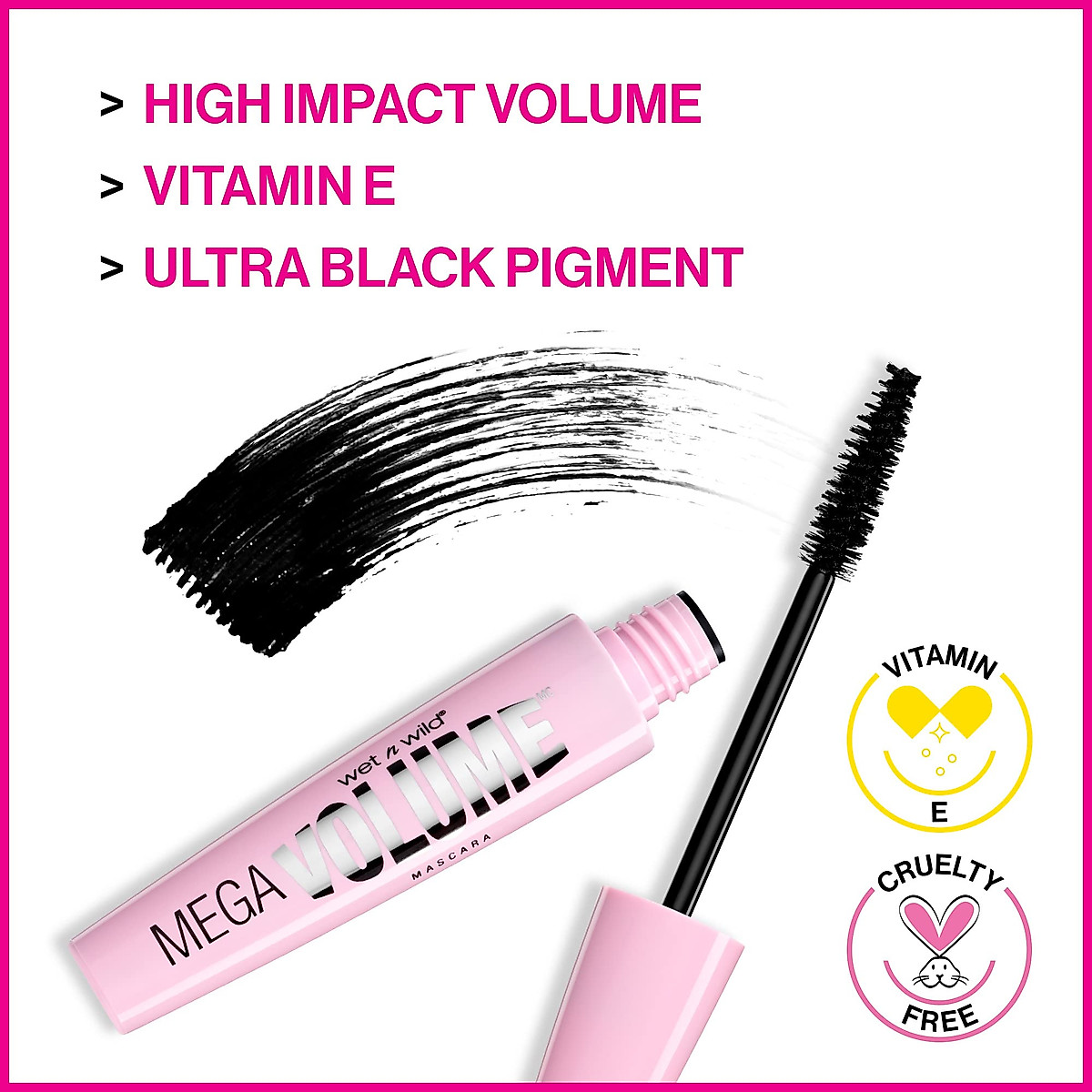 wet n wild Mascara Mega Volume - Vitamin E Enriched Volumizing, Waterproof, Smudge-Resistant Formula, Cruelty-Free, Gluten-Free, Sulfate-Free & Vegan - Black