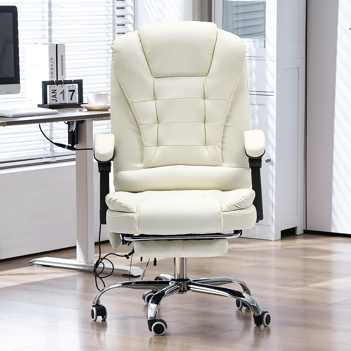 Belandi Massage Office Chair, Ergonomic Executive Computer Chair w/Foot Rest, PU Leather Executive Office Chair w/Heated, Padded Armrest, High Back Swivel Recliner for Office Home Study (White)