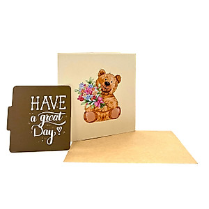 Niumcraft Pop Up Greeting Card Teddy Bear Hold Bouquet Flower Card Cartoon Animals Flower Birthday Thank You Card for Kid Mom Dad Family Friend Gift