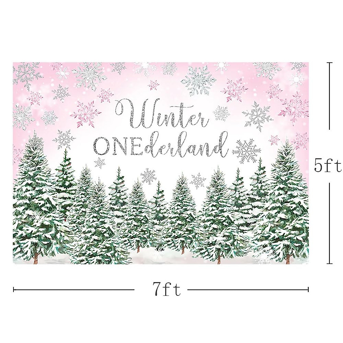 MEHOFOND 7x5ft Winter Onederland Backdrop for Girls First Birthday Pink Silver Glitter Snowflake Photography Background Pine Trees Happy 1st Birthday Party Banner Decorations Photo Booth Props