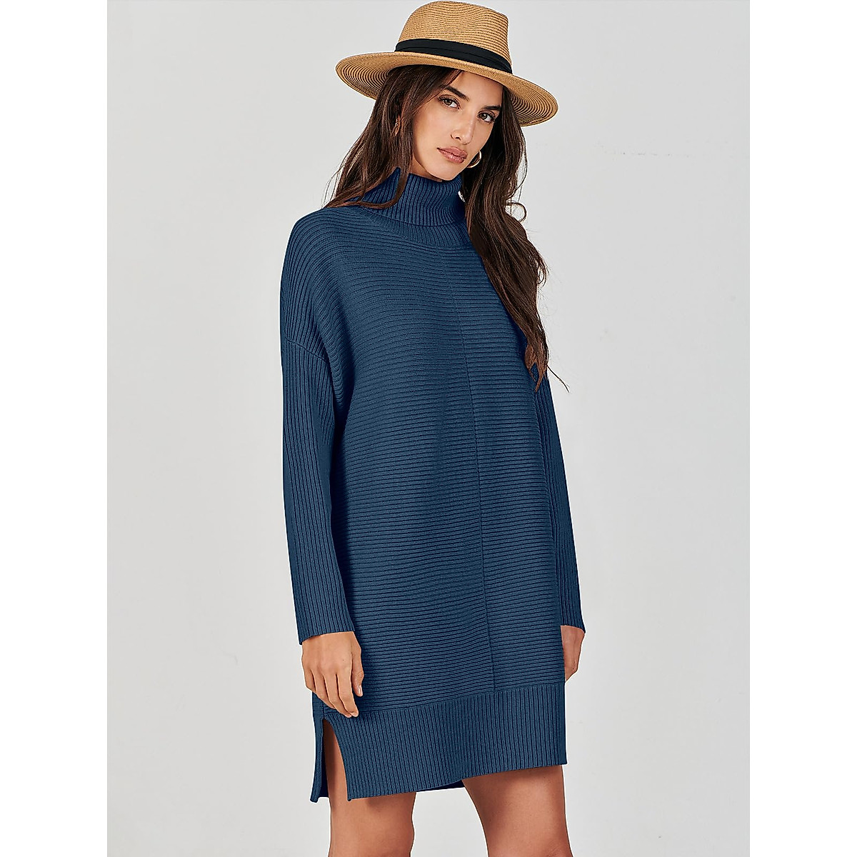 ANRABESS Women's Oversized Turtleneck Sweater Dress Pullover Batwing Sleeve Split Hem Tunics Fall Casual Short Dresses Dark Blue