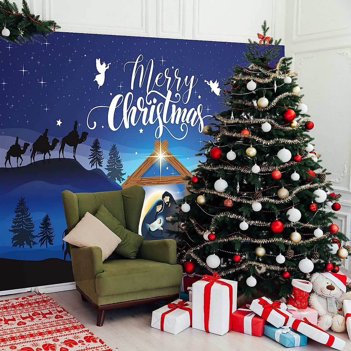 Nativity Banner Merry Christmas Nativity Barn Birth of Jesus Nativity Backdrop Scene Blue Large Holy Nativity Backdrop Religious Xmas Photography Booth Prop Banner for Christmas Party 72.8 x 43.3 Inch