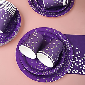Gudvilla 200PCS Purple Party Decorations Purple Plates and Napkins Party Supplies Silver Dot Disposable Party Dinnerware for Birthday,Graduation,Baby Shower,Bridal Shower Serves 50 Guests