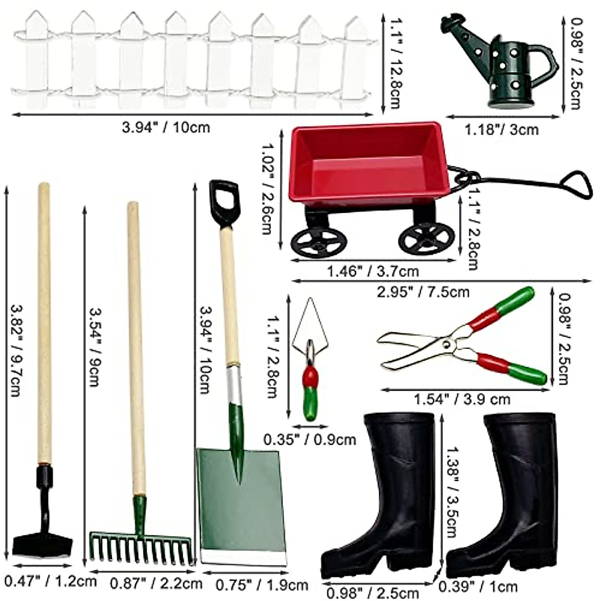 Miniature Fairy Garden Farming Tools, 9 Packs 1:12 Mini Metal Spade Pestle Rake Wagon Kettle Wood Fence Yard Supplies Scene Model Set Dollhouse Decor Accessories