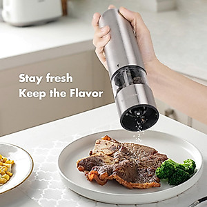 SimCoker Electric Salt and Pepper Grinder Set, Battery Operated Stainless Steel Pepper Grinder Mill Electric with Light, Automatic One Handed Operation, Adjustable Coarseness, Ceramic Grinder, 2 Pack