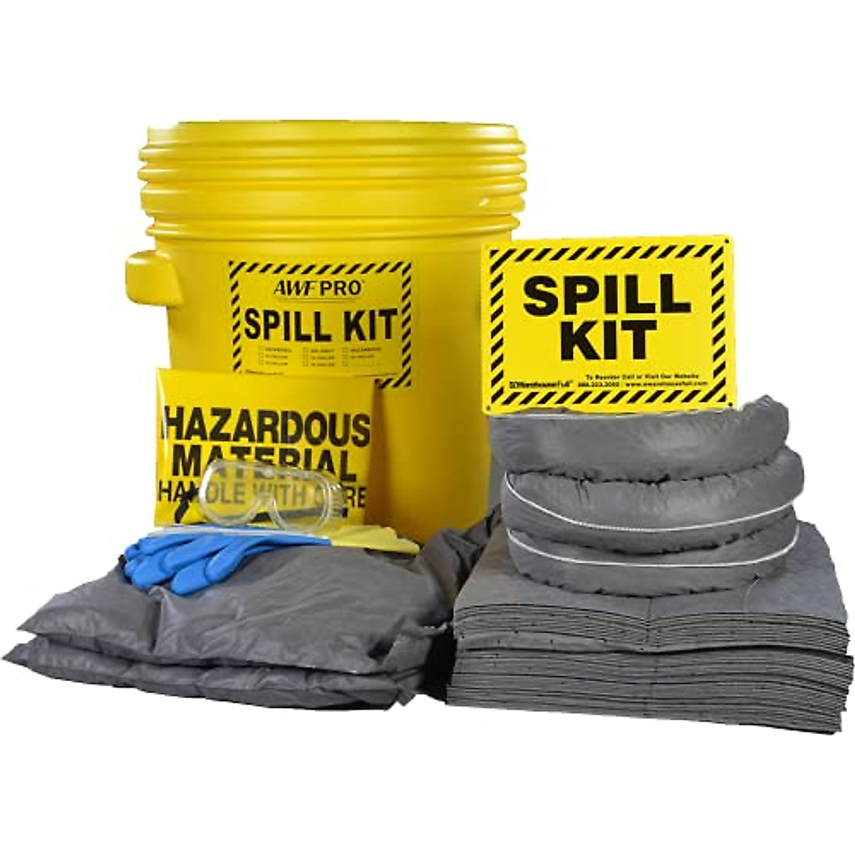 AWF PRO 20 Gallon Universal Spill Kit - 59 Pieces. Perfect for Absorbing Spills of Oils, Coolants, Solvents, & Water. Includes 20g DOT Approved Drum, Universal Socks, Pads & Pillows, & Accessories