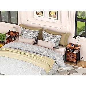 Furologee End Table with Charging Station, Nightstand with Fabric Drawers, Side Table with USB Ports & Outlets, Night Stand with Storage Shelf & Hooks, for Living Room/Bedroom, Rustic Brown