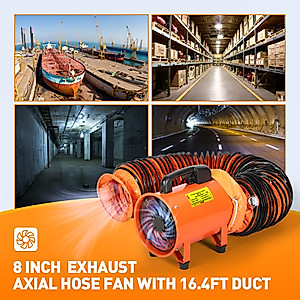 Rengue 8 Inches Utility Blower/Exhaust with 16.4 FT Hose Fan, 3300 r/min High Velocity Low Noise Extraction and Ventilation Fan with Duct Hose