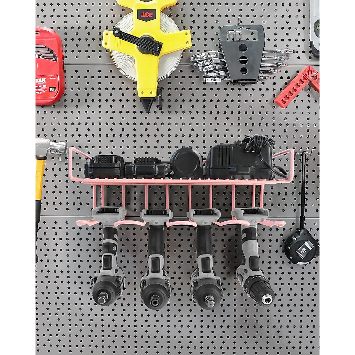 WellMall Pink Power Tool Organizer - Wall Mount Style for Power Tool Drill Storage as Heavy Duty Tool Shelf & Tool Rack with Compact Design