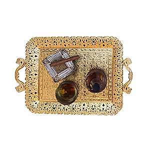 chancegift Turkish Tea Coffee Beverage Dinning Serving Tray with Handled Ottoman Motif Decorative Middle Table Drink Bathroom Rectangular Suitable for Gift (16.5x10.7x1 INC) 42x28x2cm Gold, (A2022)