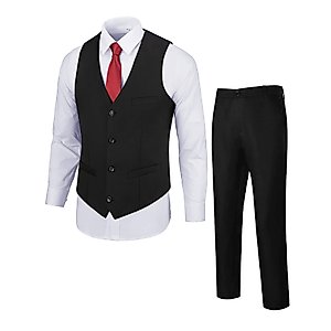 Furuyal Men's Suit 2 Piece Vest Set Slim Fit Dress Suit Casual Suit Waistcoat Pant Black-M