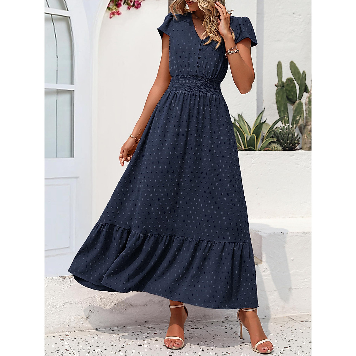 PRETTYGARDEN Womens Summer Boho Maxi Dress Short Sleeve Swiss Dot Flowy Long Dress V Neck Smocked Waist Beach Party Sun Dress(Navy, Large)