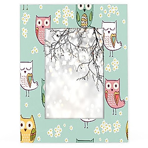POFATO Cartoon Owl White Chrysanthemum 4x6 Picture Frame Wood Photo Frame for Tabletop Display Wall Mount Picture Frame Display 4x 6 Inch Photo Wall Decor Home Gift Frames