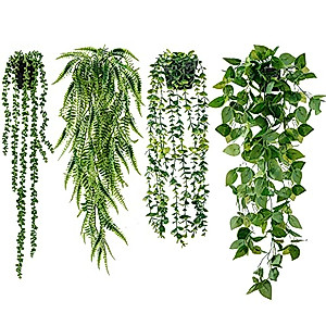 Sggvecsy Fake Hanging Plants 4 Pack Artificial Hanging Plants Fake Potted Greenery Faux Eucalyptus Vine String of Pearls Boston Fern Ivy Vine Leaves for Home Indoor Outdoor Shelf Wall Garden Decor