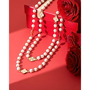 IDOKAWA 8MM Round Simulated Shell Pearl Strand Layered Necklace for Women, Dainty Multiple Strands Long Necklace for Party, Vintage Costume Jewelry