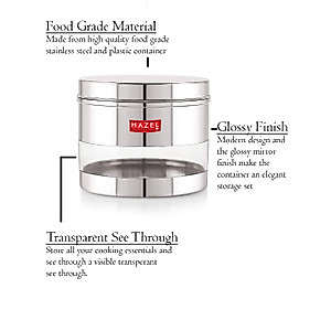 HAZEL Stainless Steel Containers Set For Kitchen Storage Transparent See Through Glossy Finish Storage Jars Dabba, Set of 6, 1500 ML Each, Silver