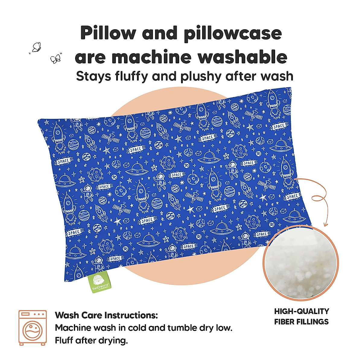 KeaBabies Toddler Pillow with Pillowcase Bundle - Organic Cotton Toddler Pillows for Sleeping (Off to Space & KeaFriends)