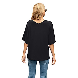 SUEANI Women's Summer V-Neck 3/4 Bell Sleeve Loose Shirt Casual Basic Top(Medium, Black)