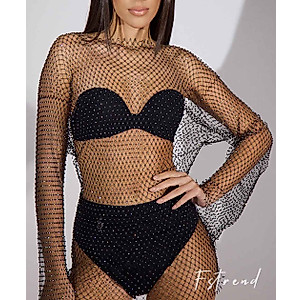 Fstrend Crystal Mesh Body Chains Rhinestone Fishnet Black Crop Top Long Sleeves See Through Bikini (as1, alpha, l, x_l, plus, regular, Black-long clothes)