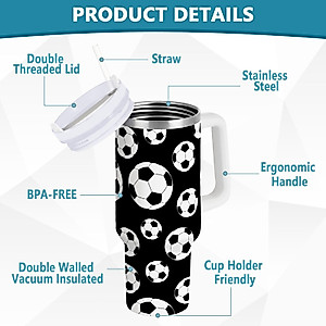 Traditional Black White Soccer Ball Tumbler with Handle and Straw Lid, Football 40 oz Insulated Coffee Cup Stainless Steel Water Bottle Travel Mug Cupholder Friendly,Gifts for Women Men