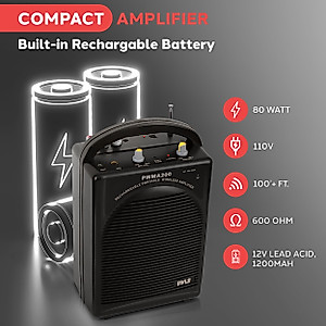 Pyle Portable PA Speaker & Microphone System - FM Stereo Radio, Built-in Rechargeable Battery, Aux & Microphone Inputs, Includes Beltpack, Hand-held Headset & Lavalier Mics - Black