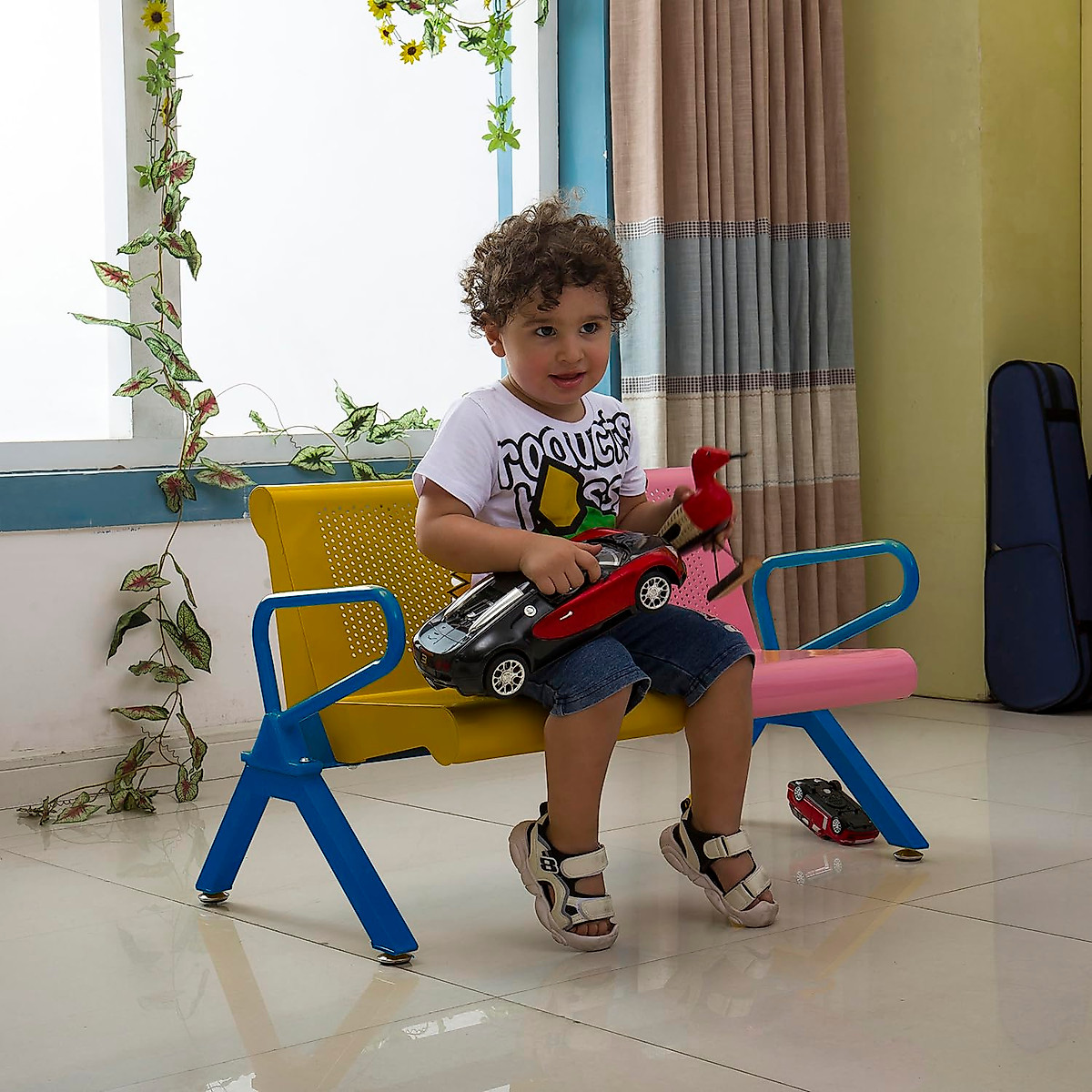 Walmokid Children Kids Chairs 2 Seat & 3 Colors Chairs with Steel Frame for Toddlers Kindergarten Home Indoor Use（Pink&Yellow&Blue）…