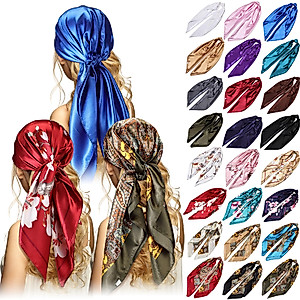 Hicarer 24 Pcs 35 Inch Silk Head Scarf Large Square Neck Scarf Sleeping Hair Wrapping Satin Scarf for Women