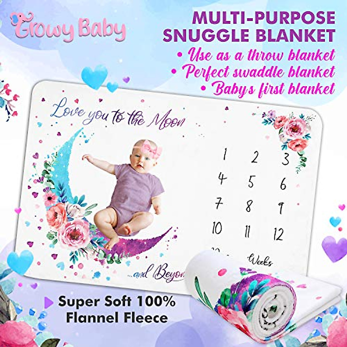 GROWY BABY Milestone Blanket for Baby Girl Gifts - Nursery Decor Baby Monthly Milestone Blanket Girl - Newborn Baby Shower Flannel Fleece Girl Milestone Blanket - 60"x40"