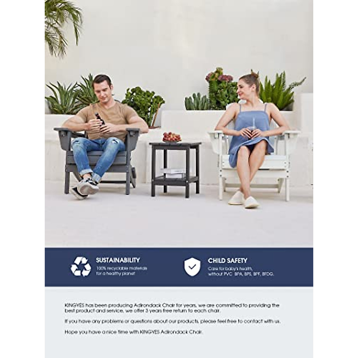 KINGYES Folding Adjustable Adirondack Chair, White