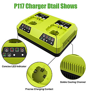 POWTREE 2Pack 7.0Ah P108 Battery + 2Port P117 Charger Dual Channel Fast Charger for Ryobi Oneplus Battery P100 P102 P103 P105 P107 P108 P118 Ryobi 18v Battery and Charger Combo