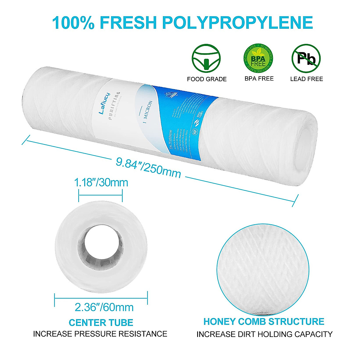 Lafiucy 1 Micron 10" x 2.5" String Wound Sediment Water Filter Cartridge,5 Pack,Whole House Sediment Filtration, Universal Replacement for Most 10 inch RO Unit