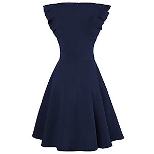 IHOT Women's Cocktail Dress Vintage Ruffle Floral Flared A Line Swing Casual Party Dresses with Pockets Navy Blue Large