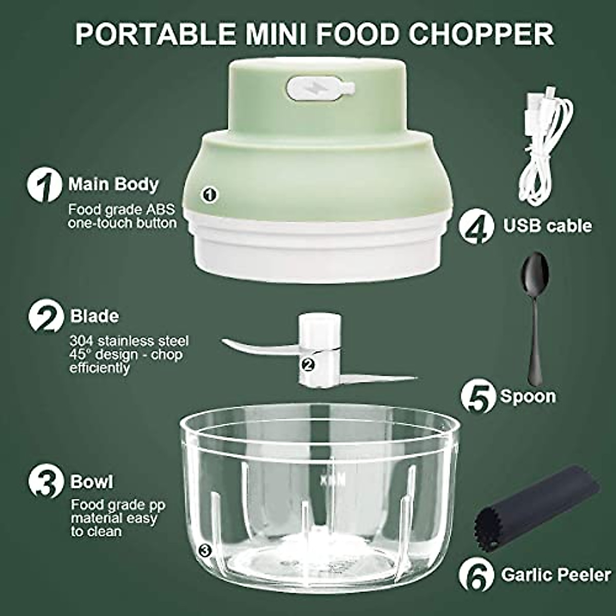 Electric Garlic Chopper Mini, Garlic Masher Crusher, Food Processor Small with Garlic Peeler And Spoon (100ML/3.3FL OZ, Green)