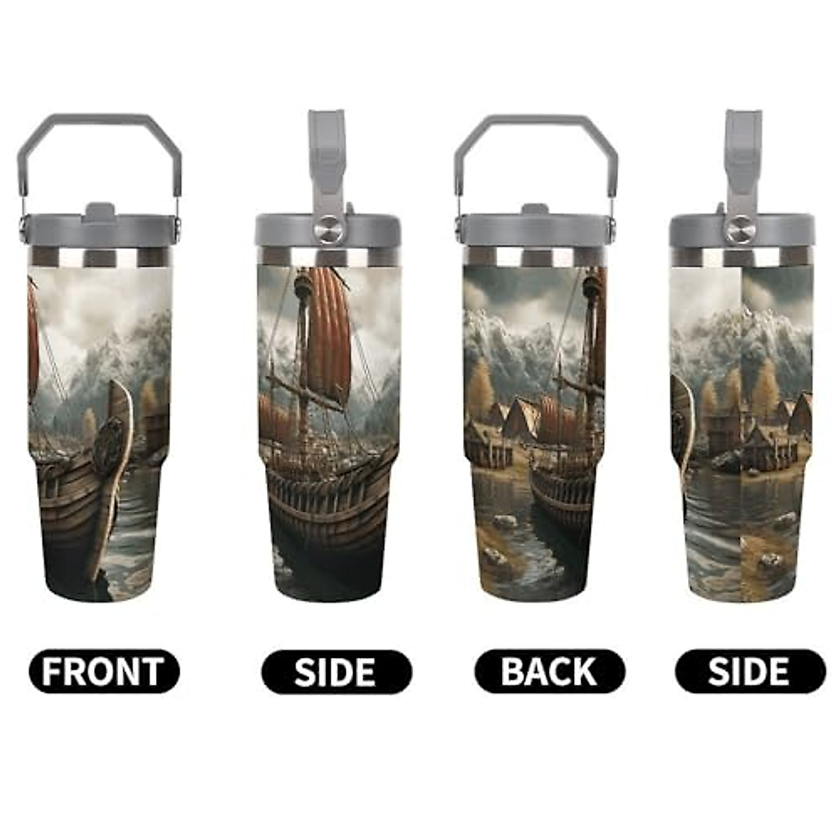 Old Viking Boat 30oz Stainless Steel Insulated Tumbler with Straw & Foldable Handle - Leakproof, Double-Wall Vacuum Travel Thermos for Hot/Cold Drinks, Non-Slip Base, Fit Cup Holders
