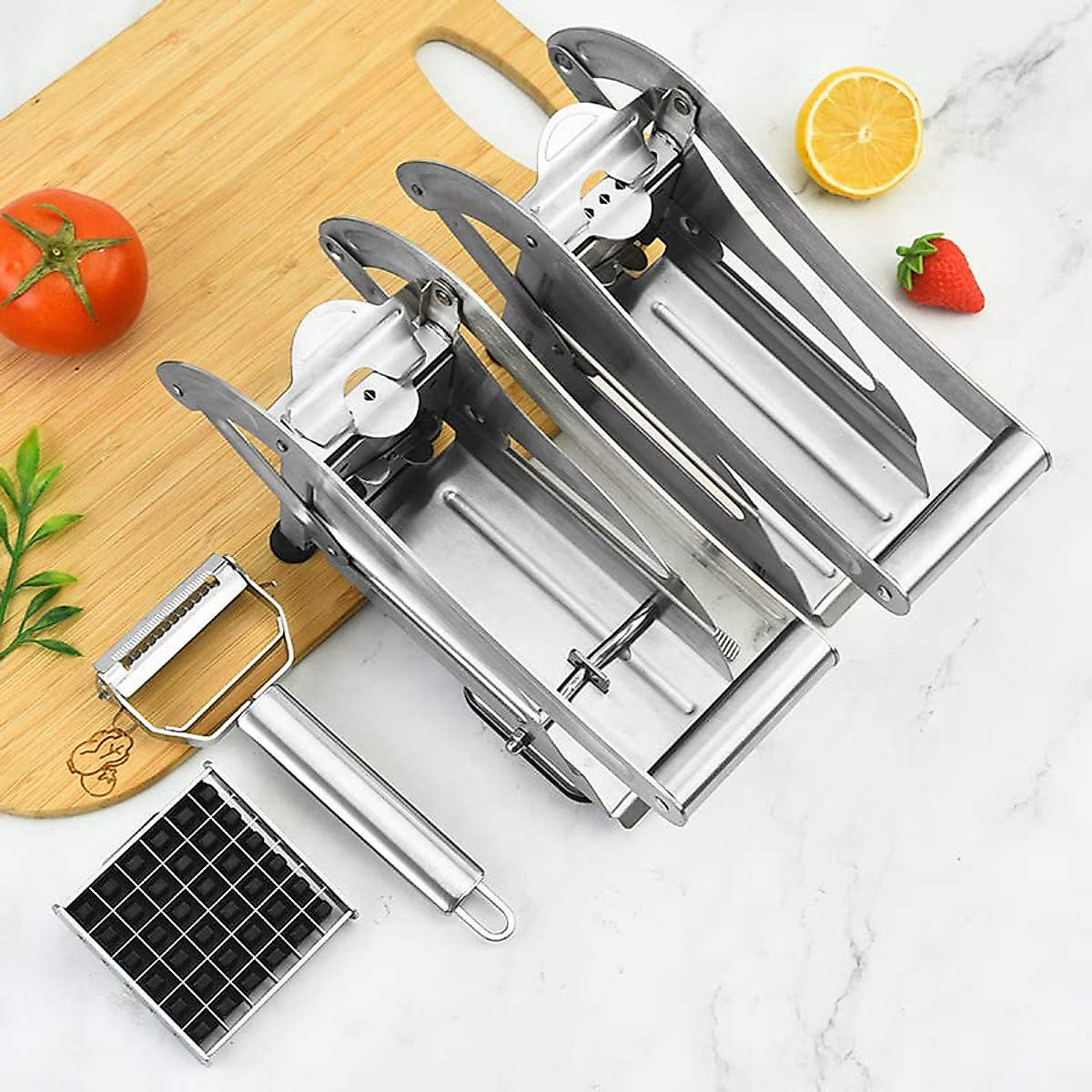 CQKWCGAB French Fry Cutter with 2 Thicker Blades | Press to Cut| non-slip mat |Cucumber,Vegetable Carrot and Potato Slicer | Fit with Air Fryer | Cutting Machine Tools for Kitchen (Extra Thicker)
