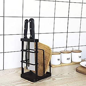 VANRA Metal Steel Cutting Board Holder Knife Block Kitchen Organizer Pantry Bakeware Rack Pan Pot Cover Lid Rack Stand with Draining Tray (Brown)