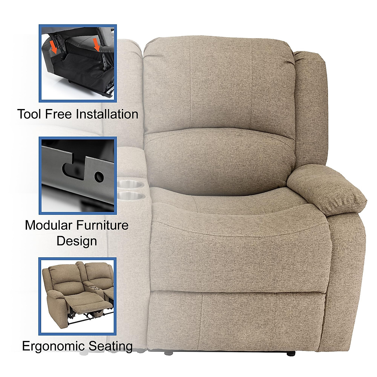 RecPro Charles 64" Double Recliner RV Sofa with Console and Cupholders | Zero Wall Loveseat for Camper | Wall Hugger Couch | Fifth Wheel Theater Seating | Replacement RV Furniture | Oatmeal Cloth