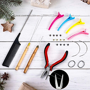 Chuangdi Sew in Hair Extension Tool Kit, 600 Silicone Lined Micro Ring Beads 1 Pliers 2 Hook Needle Pulling Loop 10 Curved Hair Needle 4 Alligator Clips 1 Comb 100 Black Mini Rubber Band