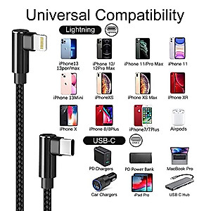 USB C to Lightning Cable 3ft MFi Certified 3 Pack 90 Degree iPhone Charger Nylon Braided Right Angle Lightning to USB C PD Fast Charging Cable for iPhone 13 12 11 Pro X XS XR 8 Plus 7 6 5(Black)