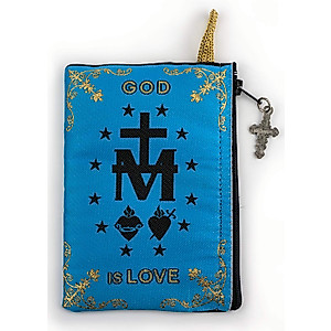 Catholic Rosary Pouch, Our Lady of Grace & Miraculous Medal Symbol, 4" x 6" Jewelry & Coin Purse with Cross, Small Woven Tapestry Icon Bag, Bolsa de Rosario Católico para Joyería