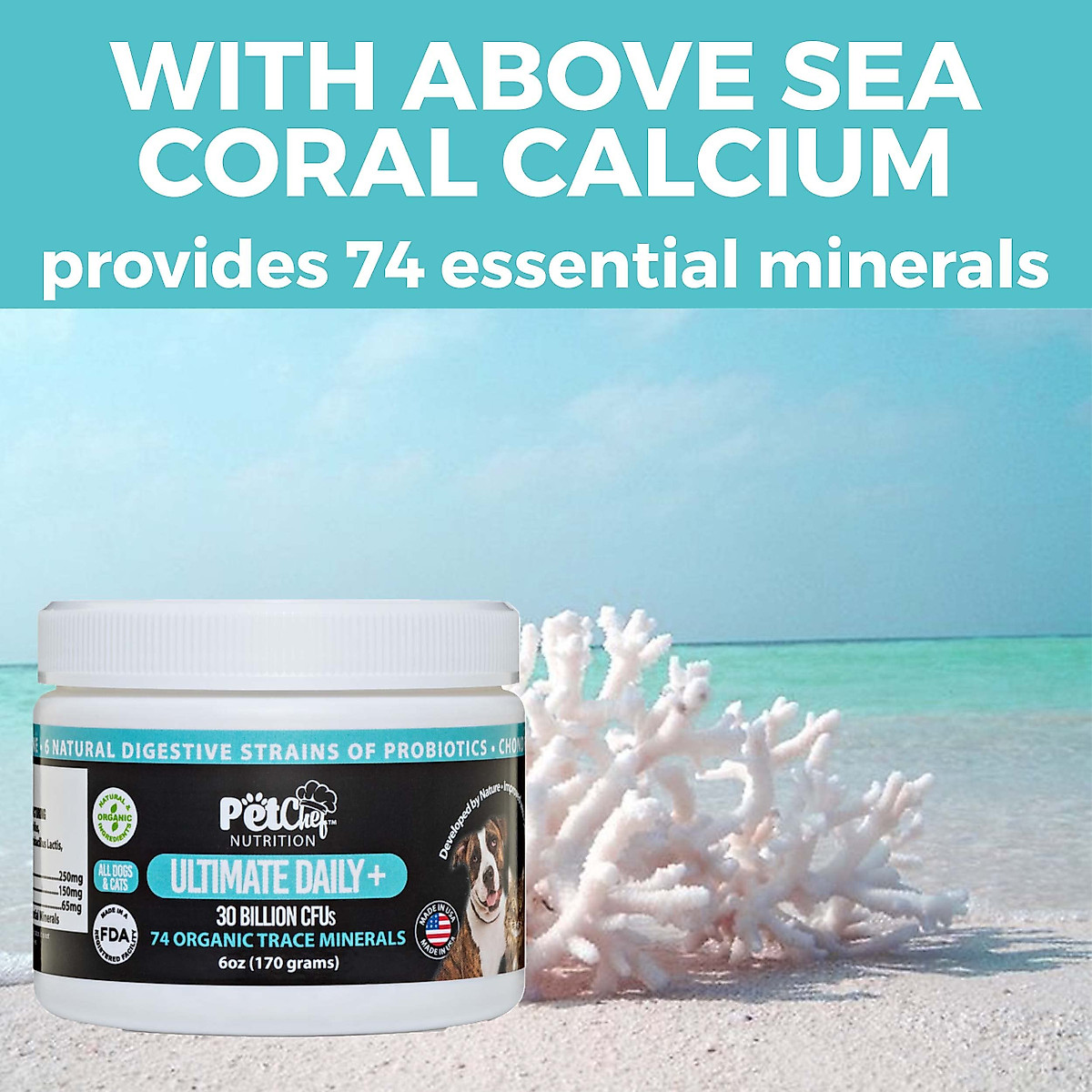 Ultimate Pet Chef Dog Cat Powder Food Topper. 74 Organic Minerals, Prebiotics, Probiotics, Hip and Joint Benefits and Luxurious Fur. Stops Fur Shedding No Smell. No Taste. Sprinkle Over Any Food.